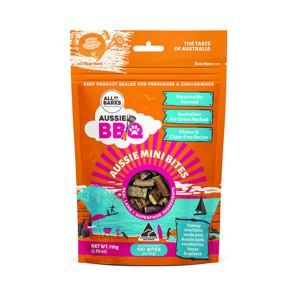 All Barks Aussie BBQ Mini Bites Lamb & Superfoods Dog Treats 110g | vet ...