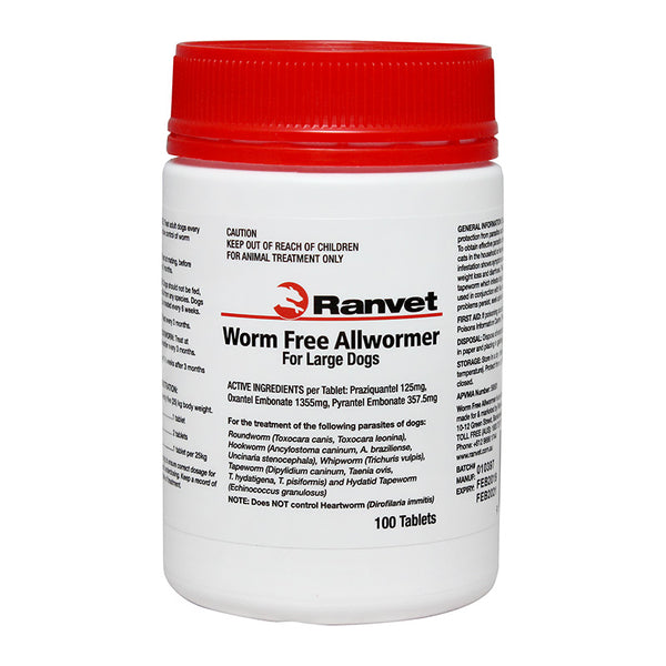 Ranvet Worm Free Allwormer for Dogs 25kg 100's - vet-n-pet DIRECT